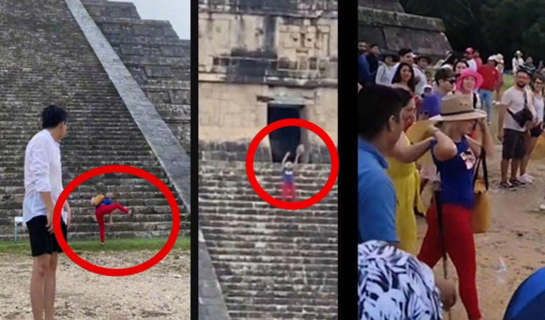 Mujer se sube y baila en la pirámide de Kulkulkán en Chichén Itzá ...